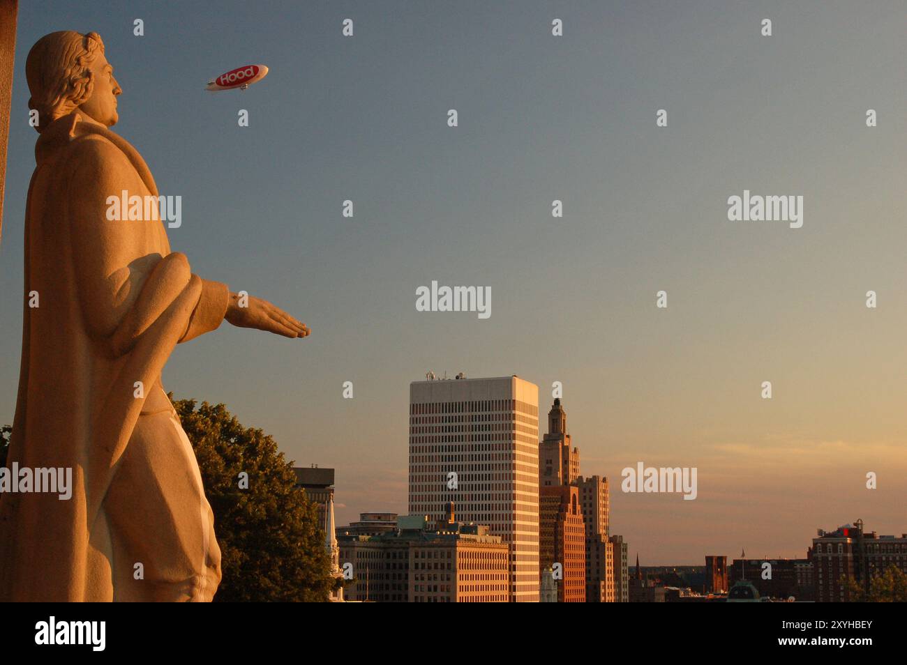 A sculpture of Roger Williams, founder of Providence RI, USA looks over ...