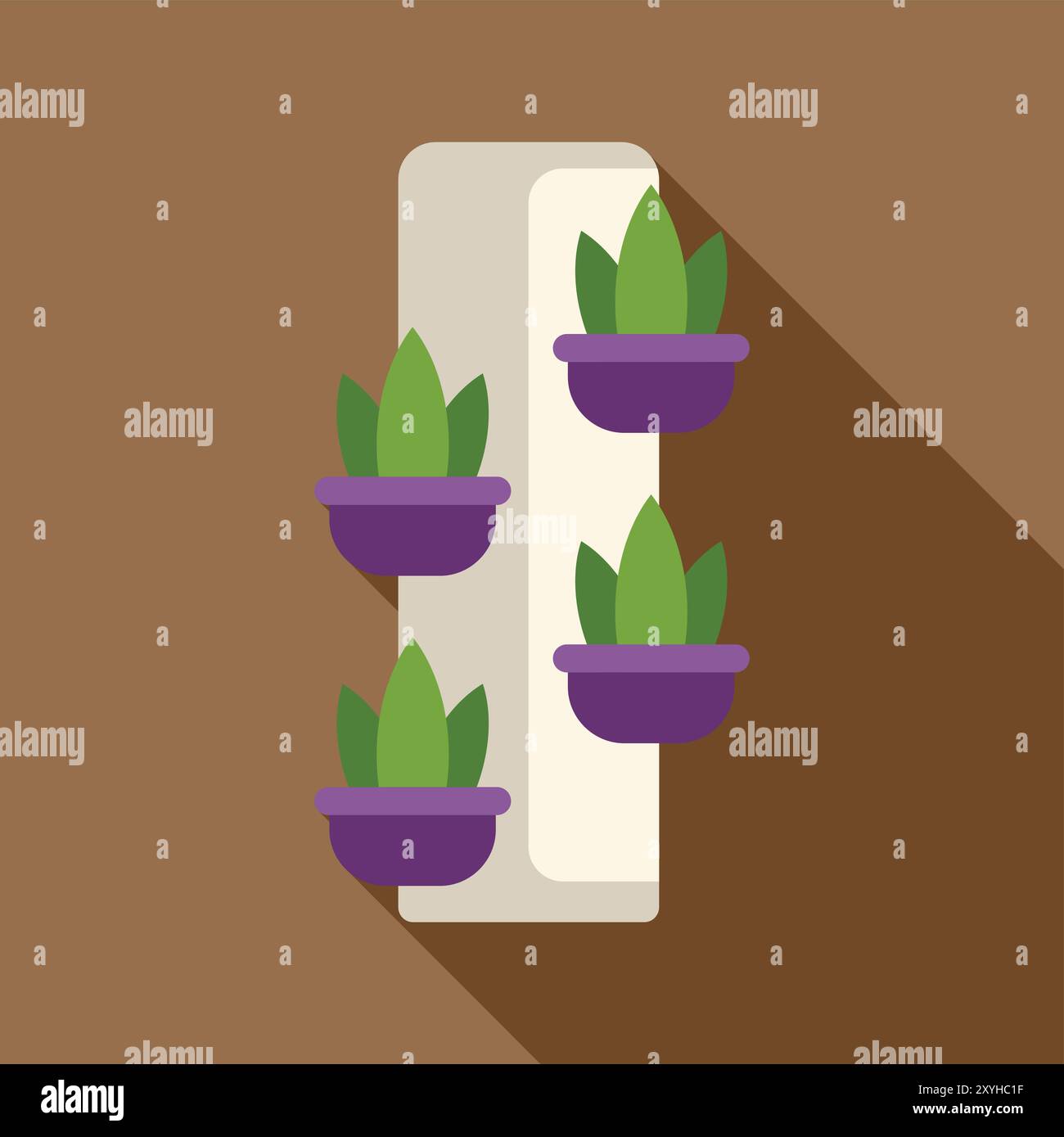 Vertical garden structure with green plants growing in pots, mounted on ...