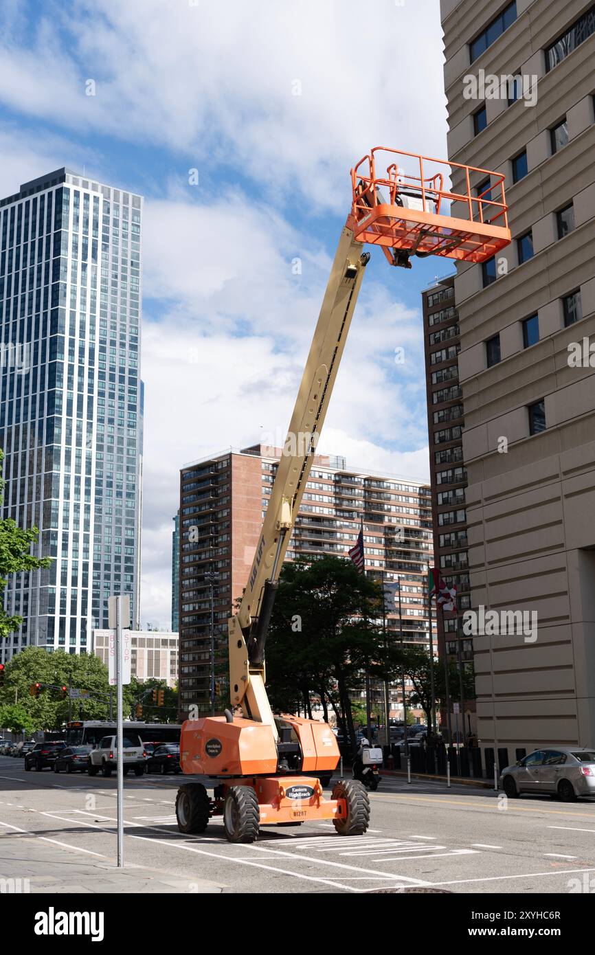 New York City, USA - May 19, 2024: telescopic boom lift JLG. JLG boom ...