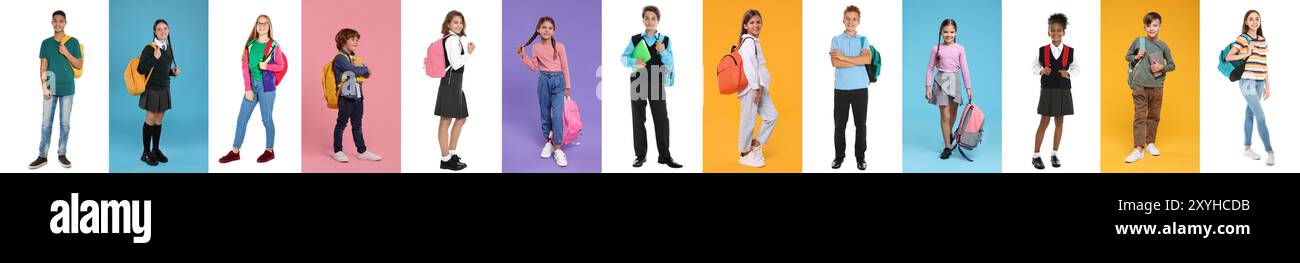 Children with backpacks on different colors backgrounds. Back to school ...