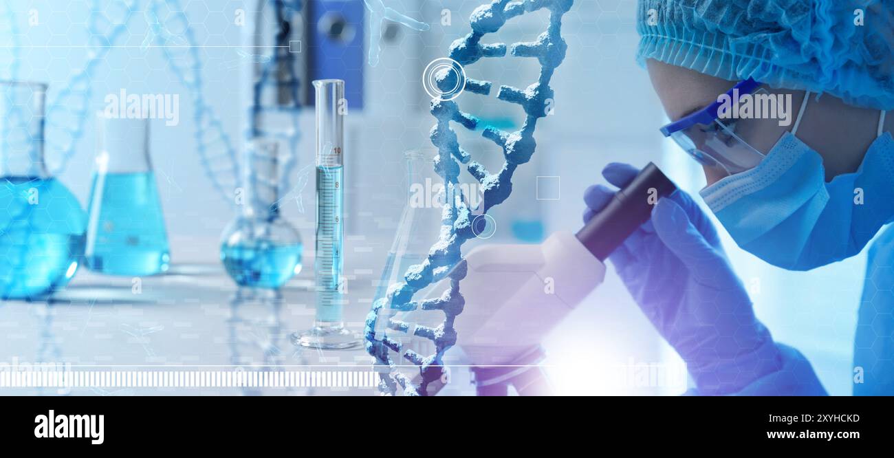 Scientist using microscope in lab, glassware on table and DNA, multiple ...