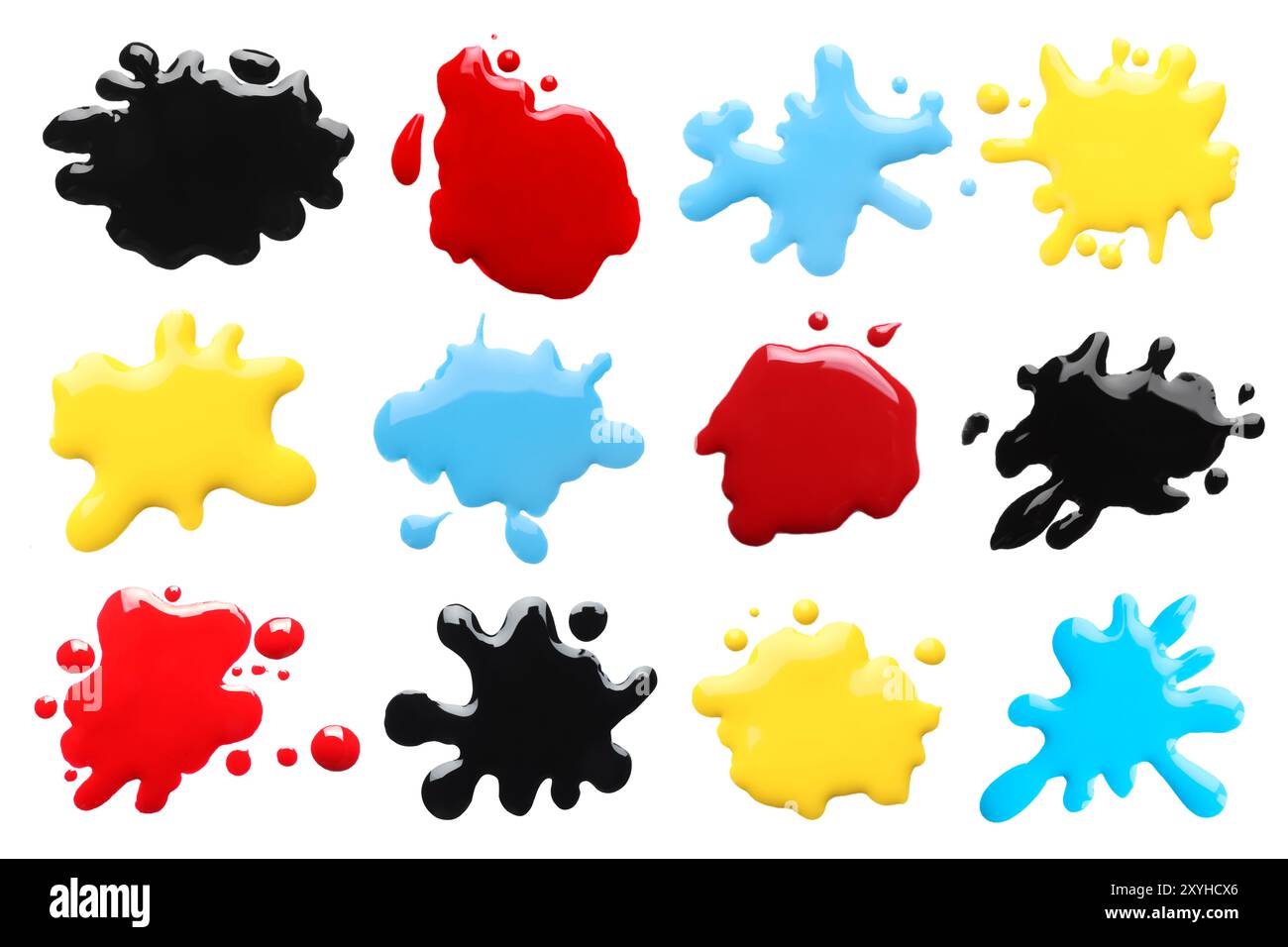 Printer ink of different colors. Set of spots isolated on white, top ...