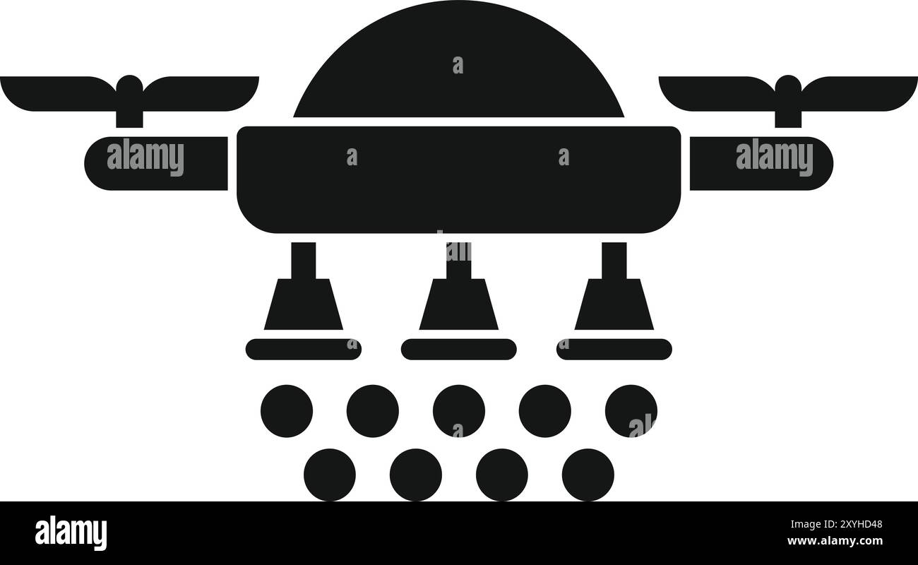 Black simple icon of an agricultural drone spraying fertilizer on a ...