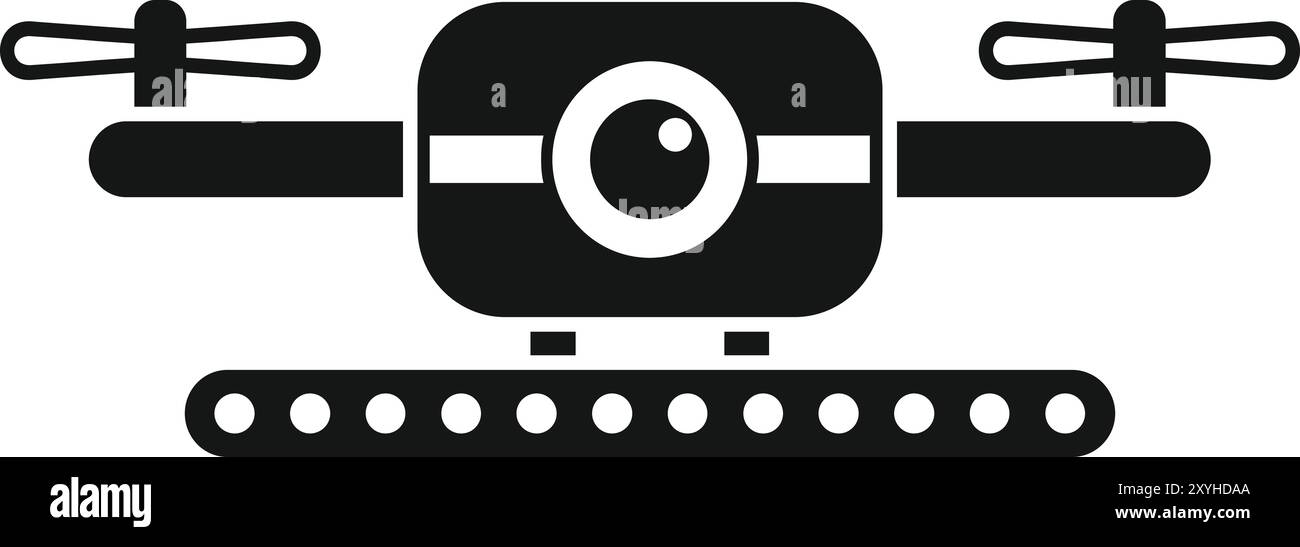 This simple icon represents a drone scanning goods on a conveyor belt ...