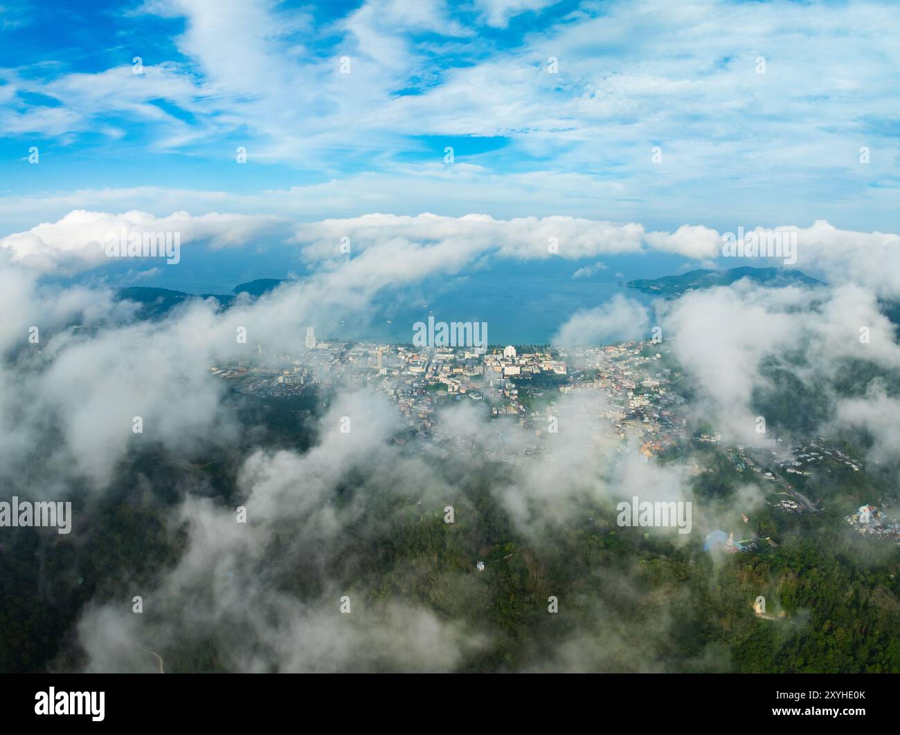 Aerial view of flowing fog waves on mountain tropical rainforest,Bird ...