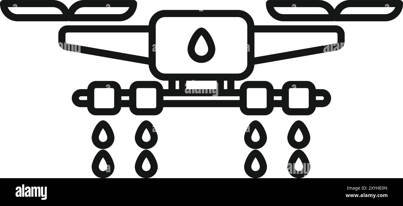 Simple vector icon of an agricultural drone spraying water drops ...