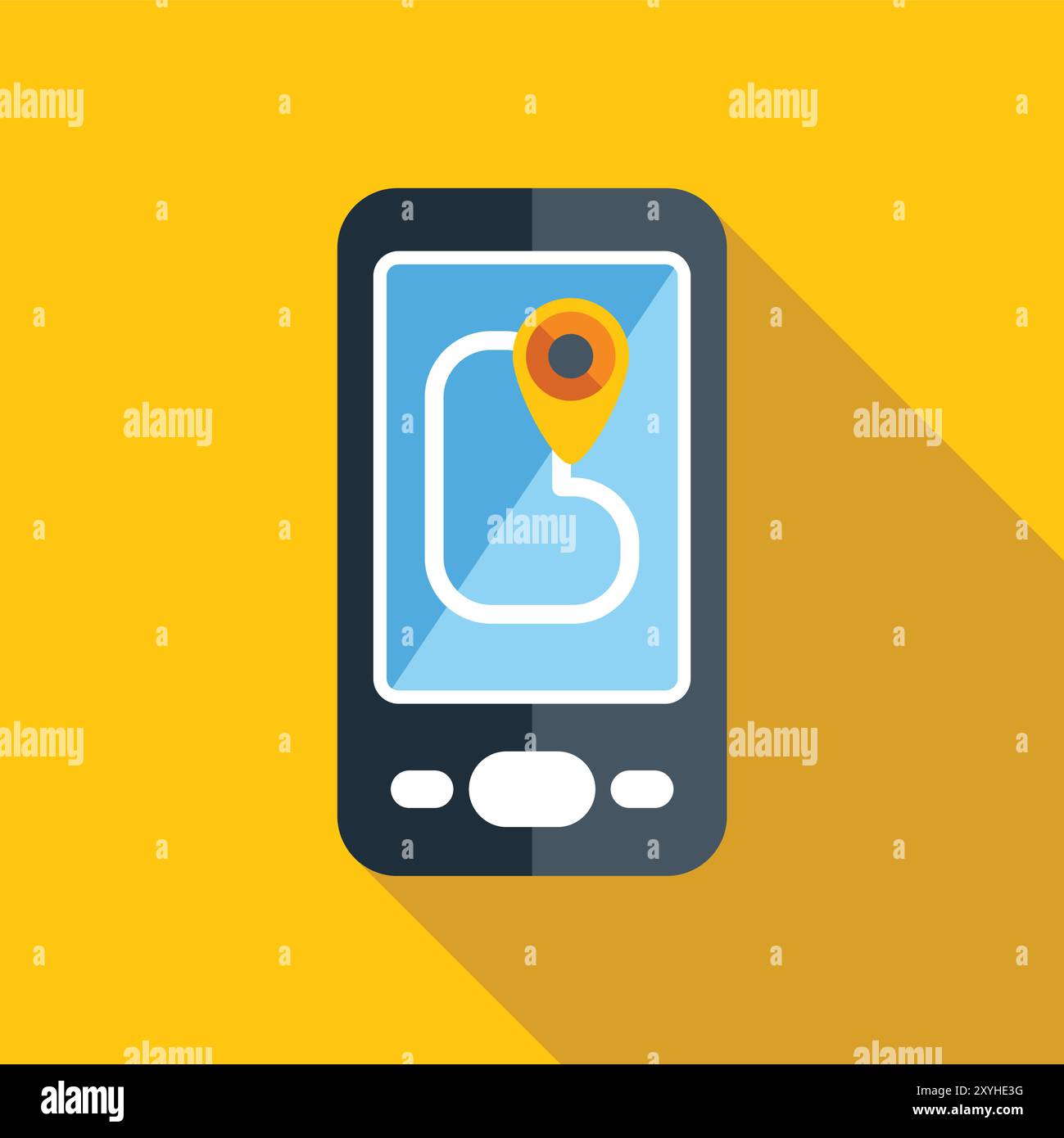 Smartphone is displaying a gps app, showing a map with a location pin ...