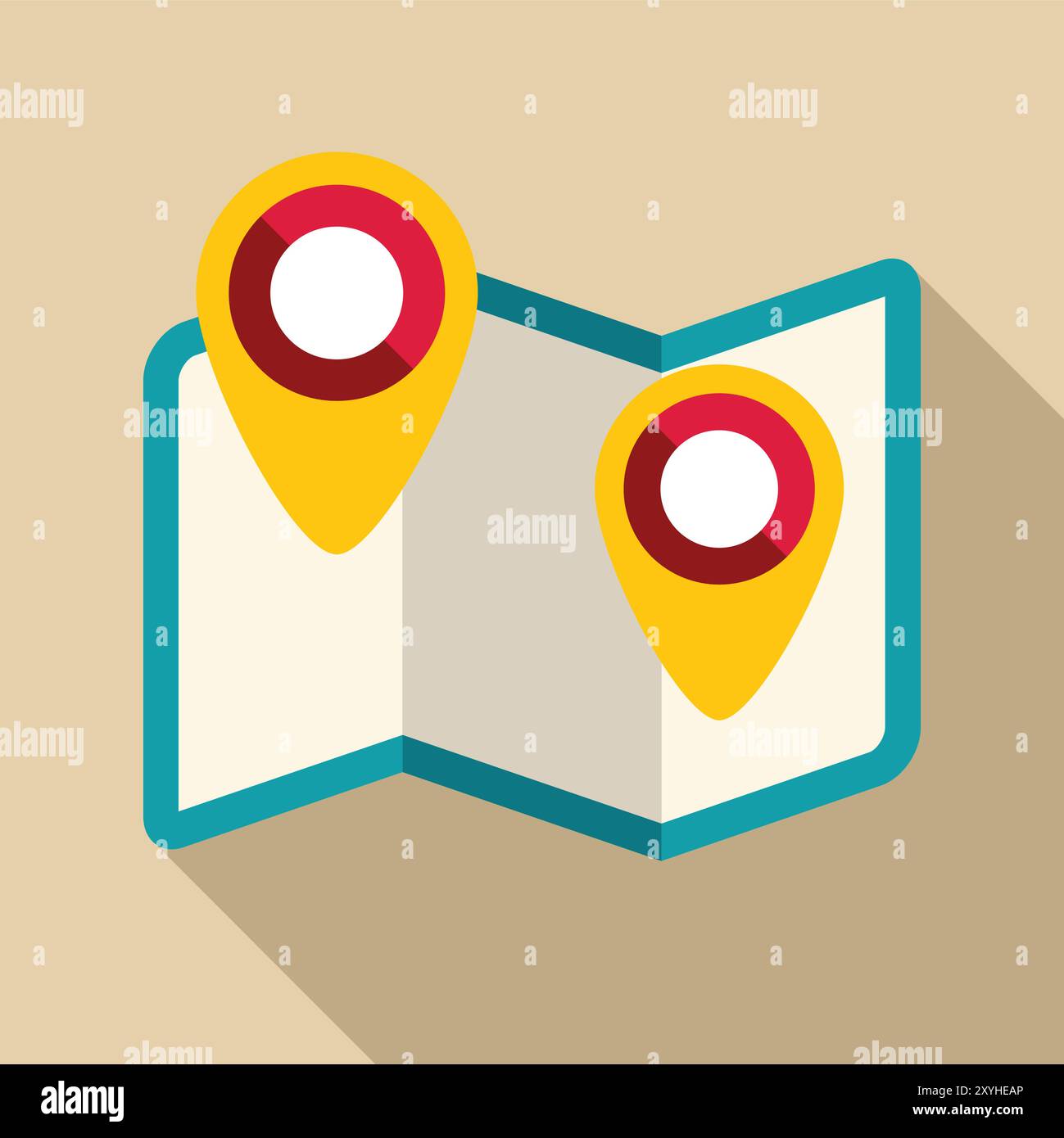 Folded abstract city map with two colorful location pins showing points ...
