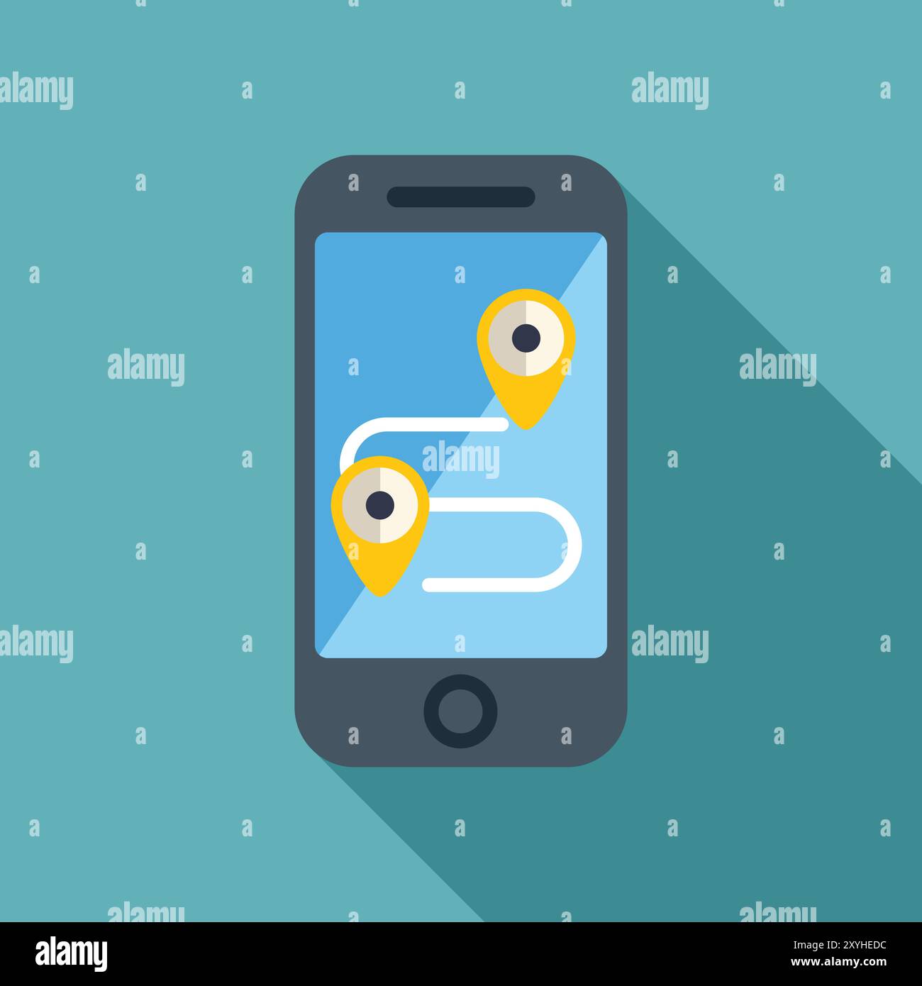 Smartphone showing road with two location pins on screen, concept of ...