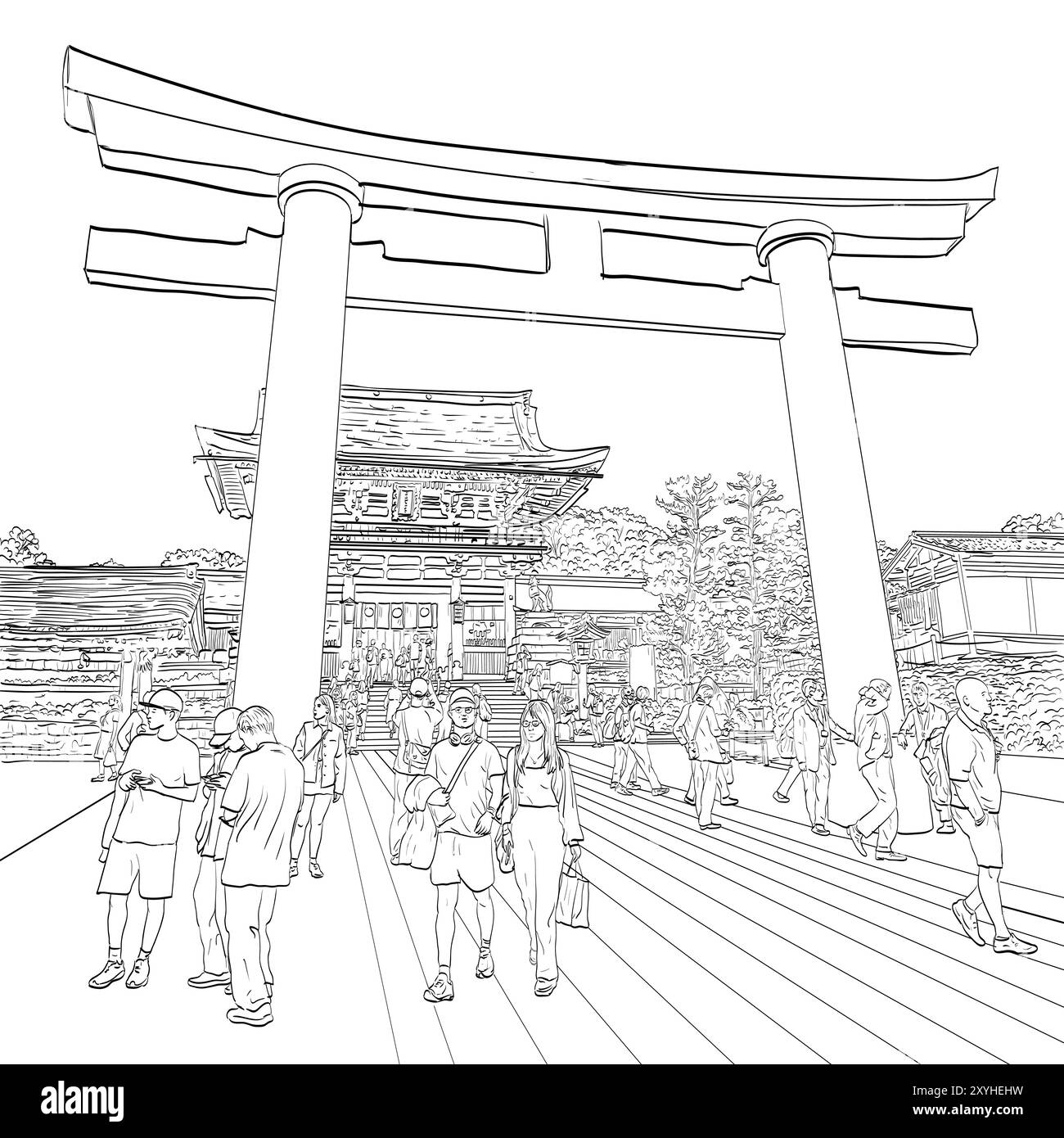 Drawing sketch style illustration of tourist crowd at Fushimi Inari ...