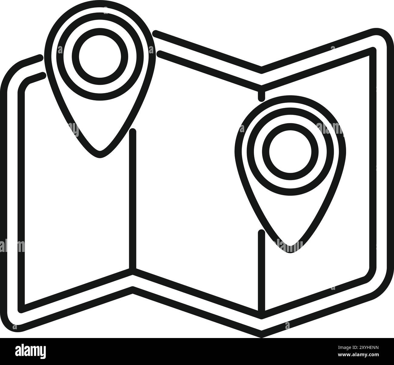 Two location pins are marking a specific point on a folded paper map ...