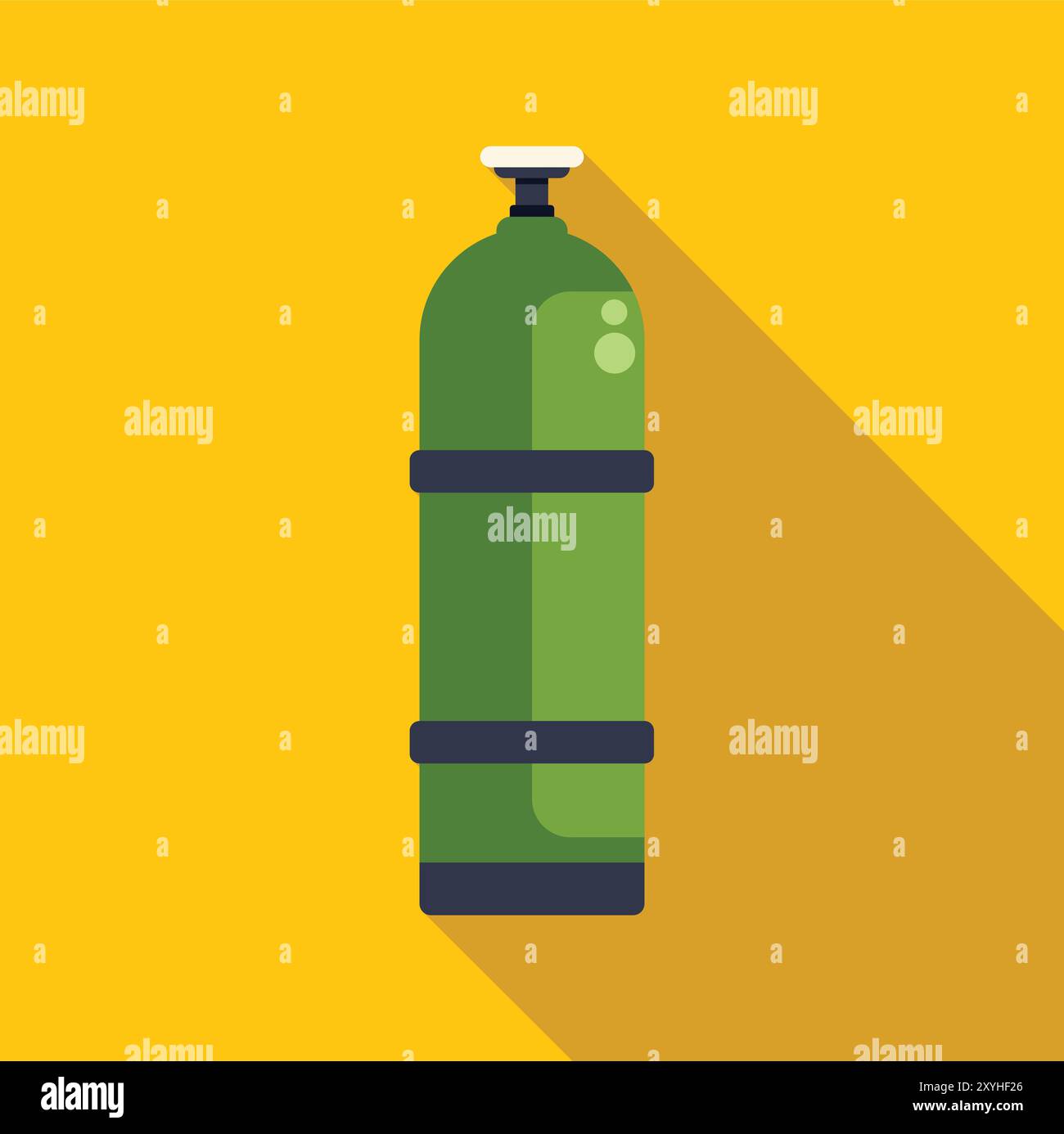Simple green oxygen cylinder standing up on a yellow background casting ...