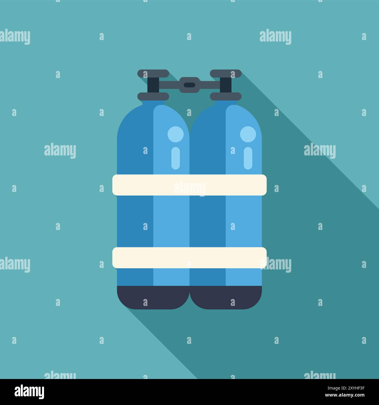 Two full oxygen tanks connected together, ready for a scuba diving ...