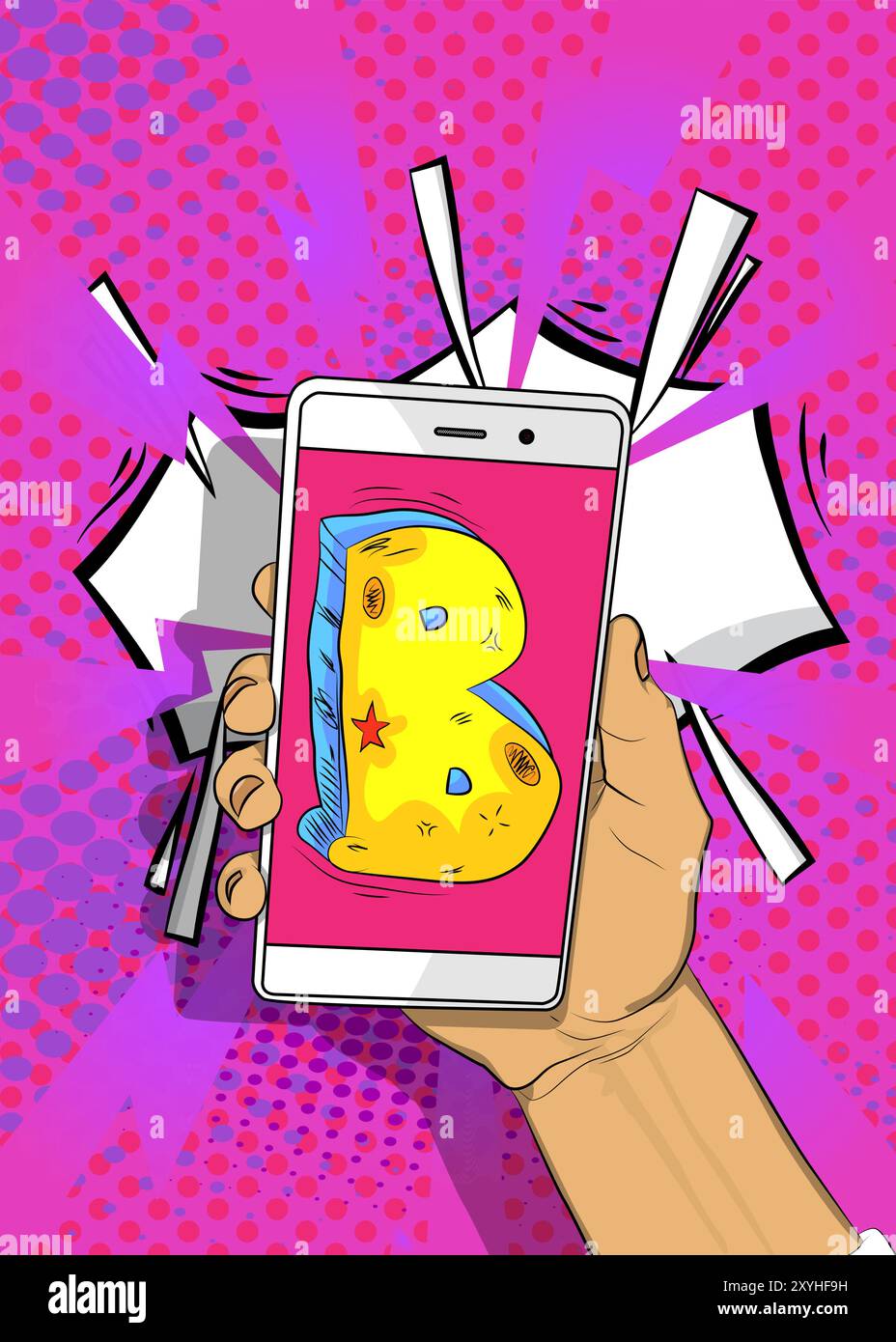 Cartoon Smartphone, comic book Telephone with Letter B. Retro vector ...
