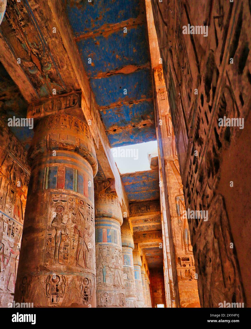 Magnificent bright colors on the pillars and inscriptions inside the ...