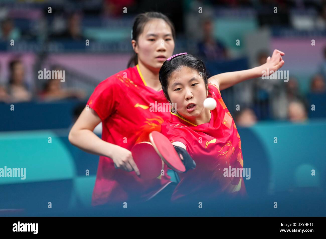 Paris, France. 29th Aug, 2024. Huang Wenjuan/Jin Yucheng (R) of China compete during the women's ...