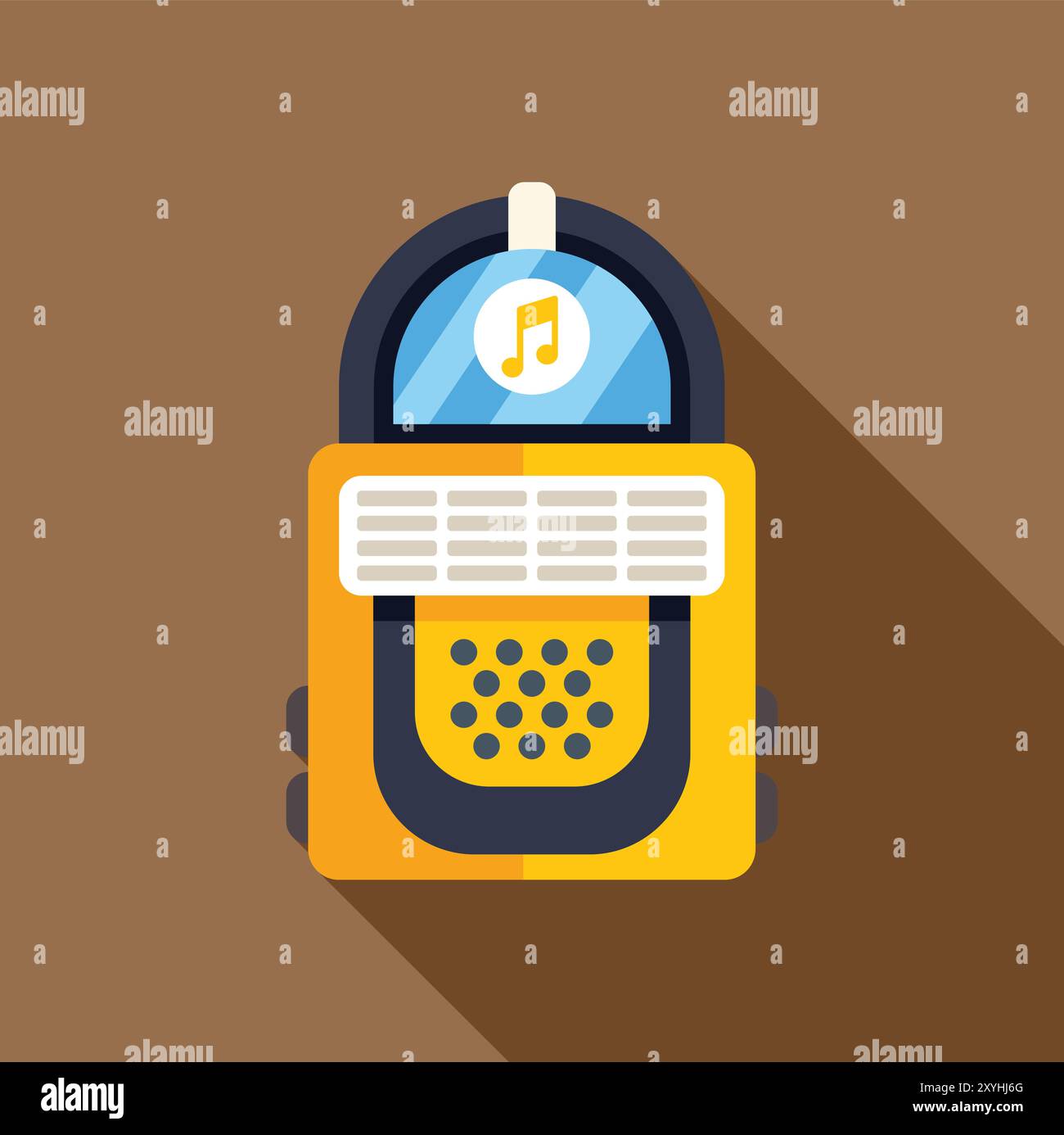 Yellow and blue retro jukebox playing music on a brown background with ...