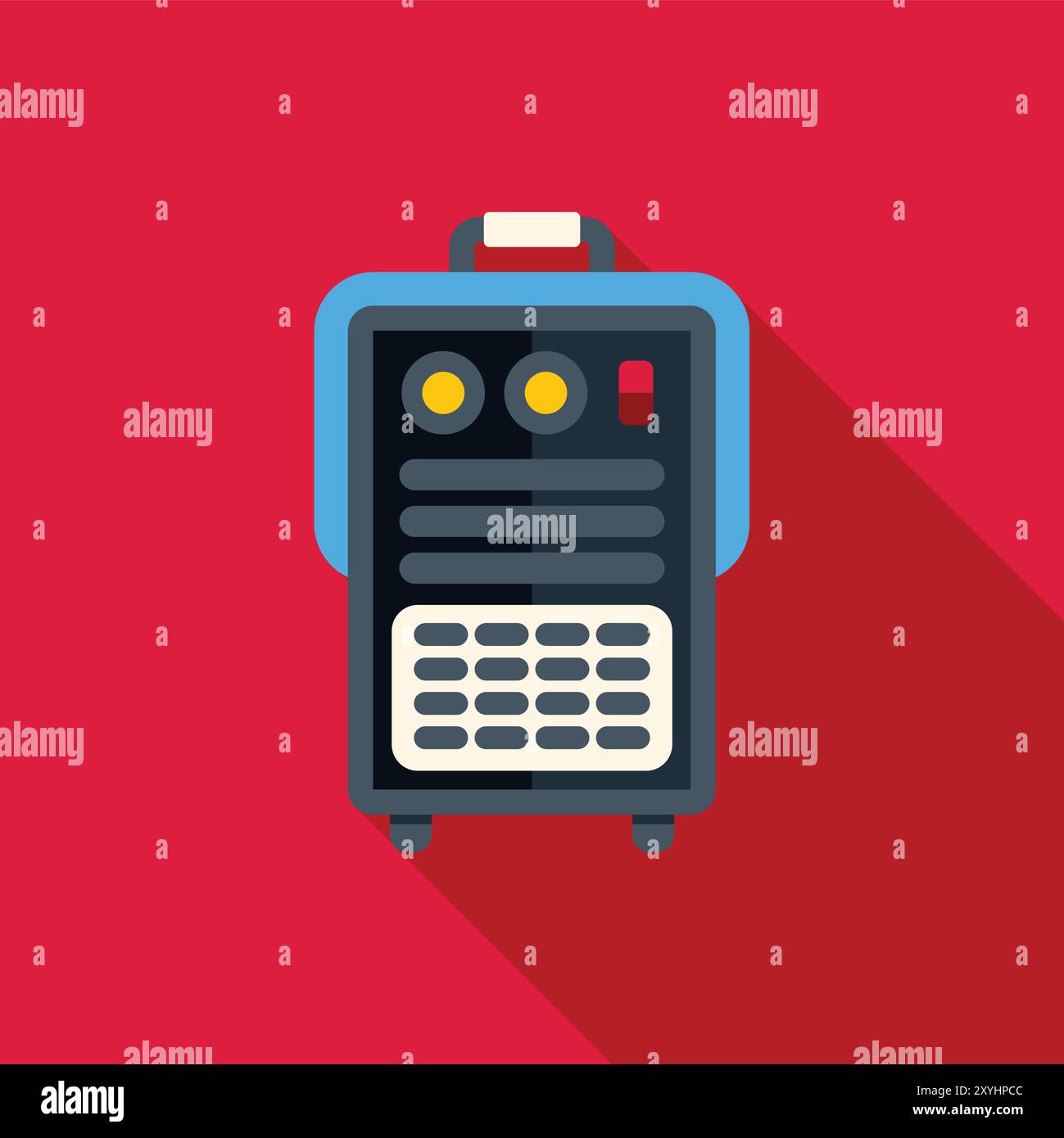 Portable welding machine casting a long shadow on red background, front ...
