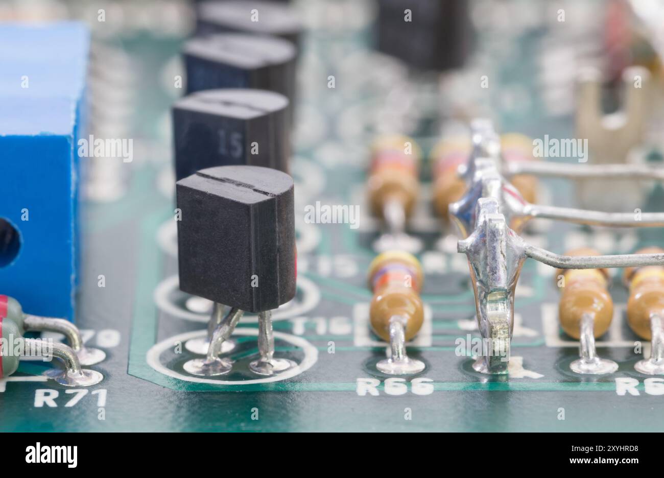 Closeup electronic hardware . Resistor and condensers assembly on the ...