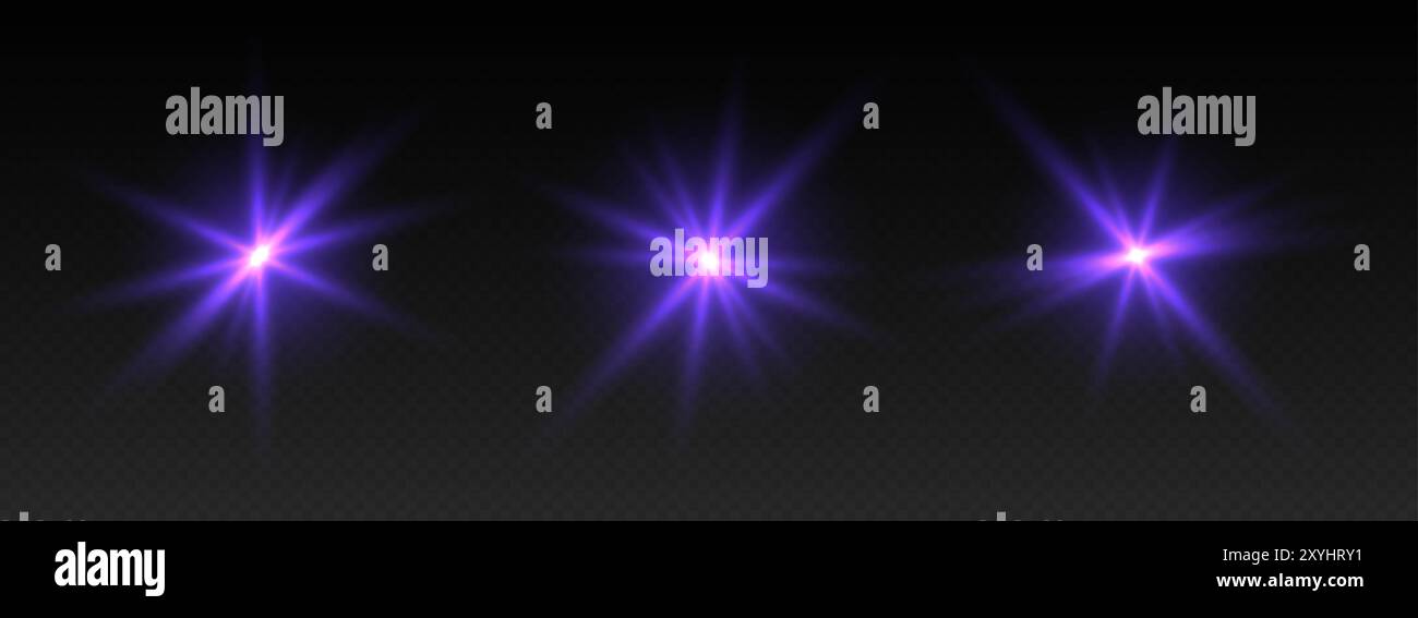 Purple lens flare, glowing star with rays, shiny flash spark, bright cosmic explosion. Vector ...