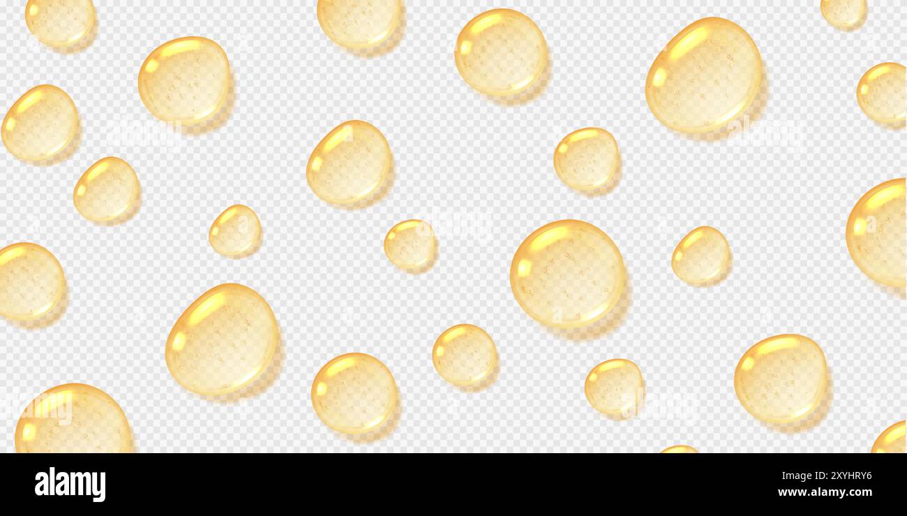 Oil drops, yellow serum with bubbles, transparent honey droplets top ...
