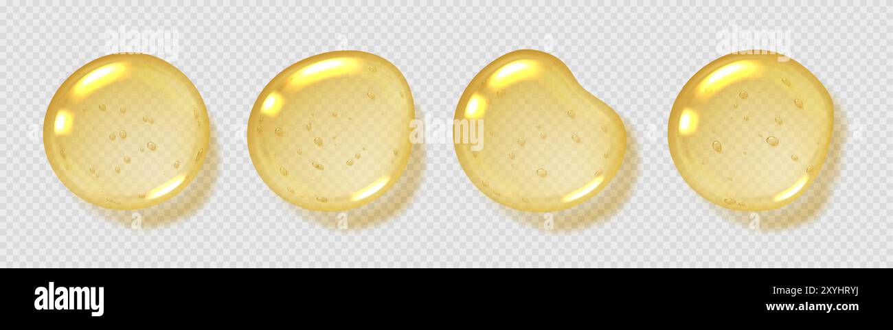 Oil drops, yellow serum with bubbles, transparent honey droplets top ...