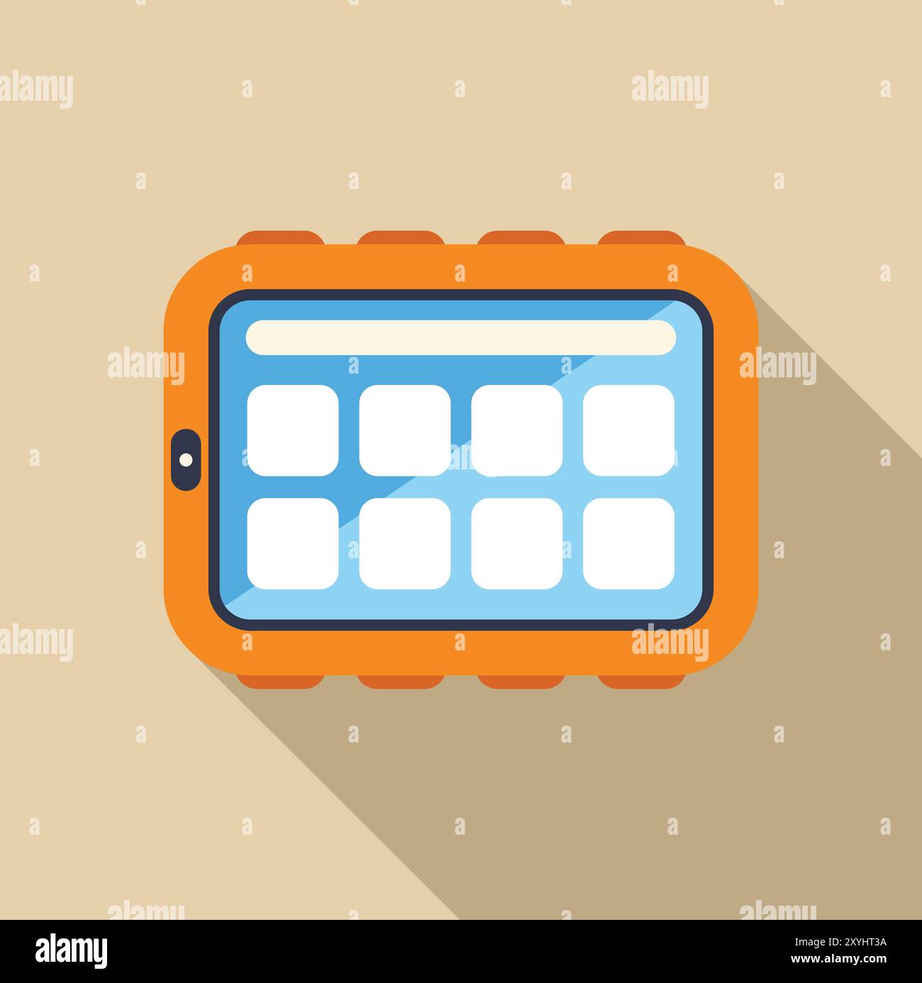 Orange tablet computer displaying a grid of blank app icons on a pale ...