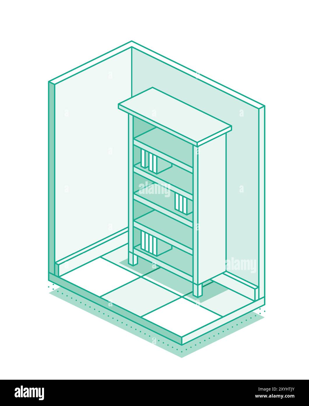 Isometric bookshelf. Outline style with green lines. Vector ...