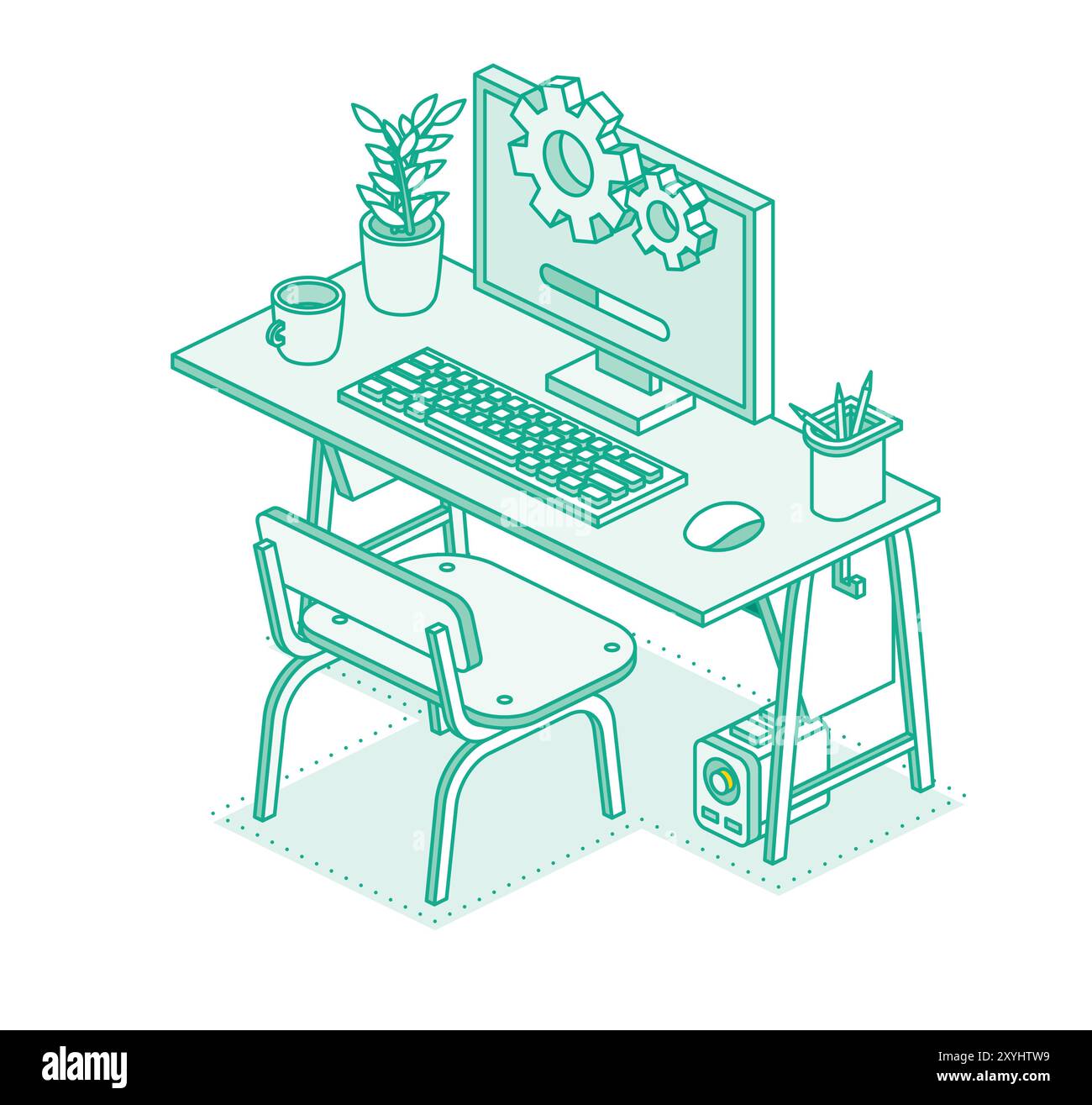 Isometric 3d technology workspace concept. Computer, monitor, plant in ...