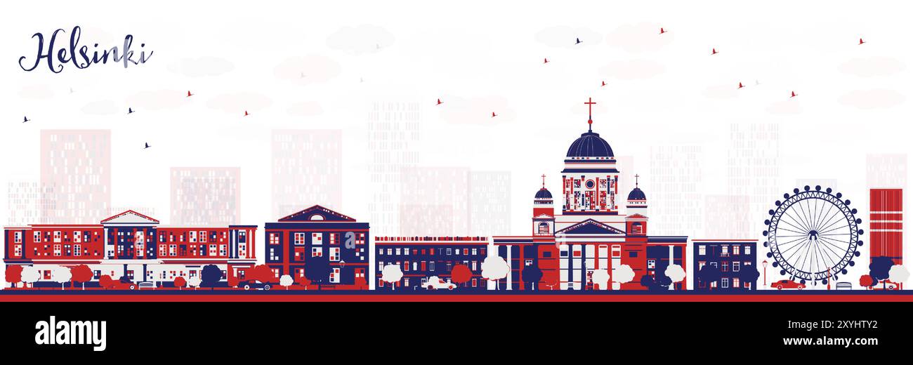Abstract Helsinki Finland city skyline with colored buildings. Vector ...