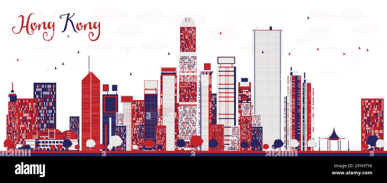 Hong Kong China city skyline with color buildings. Vector illustration ...