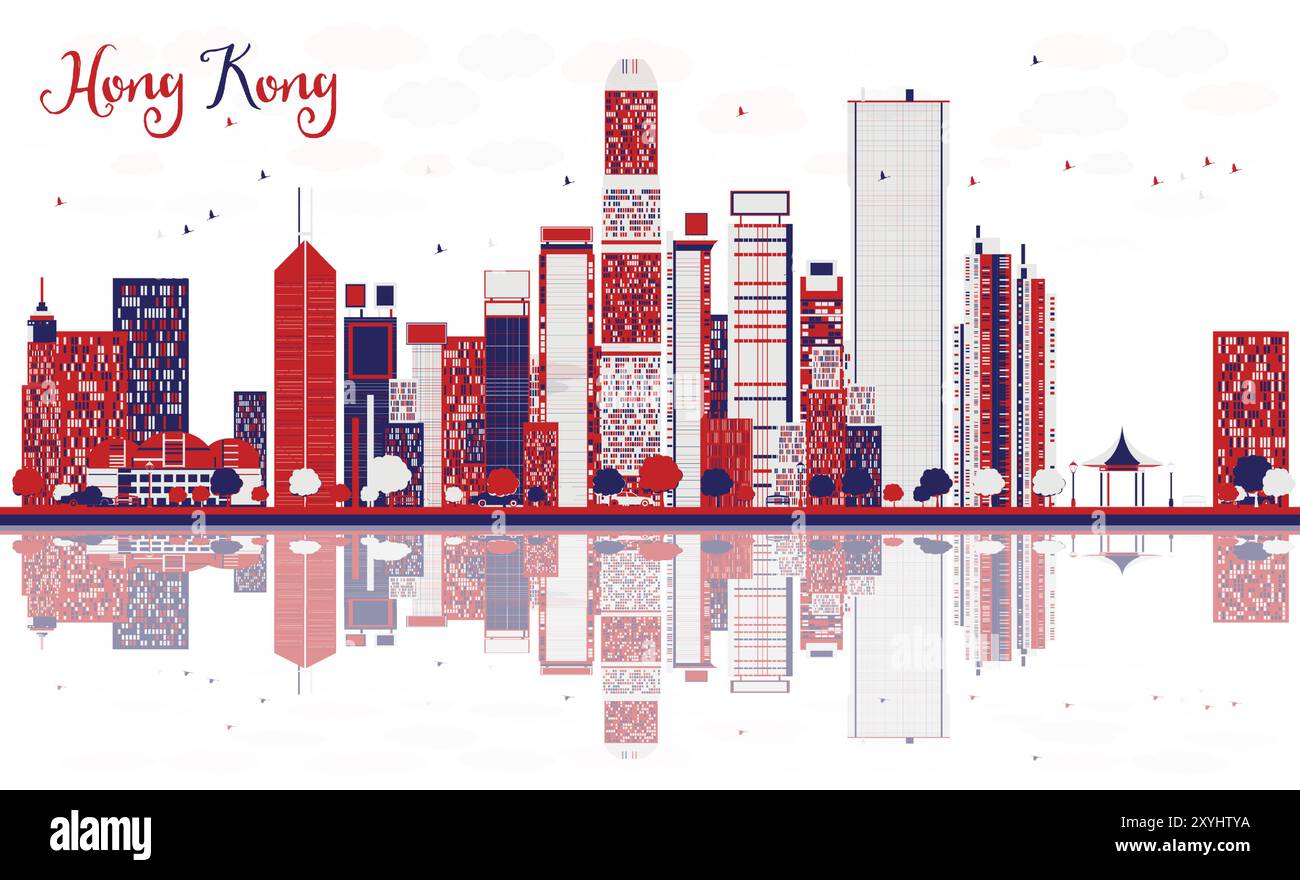 Hong Kong China city skyline with color buildings and reflections. Vector illustration ...