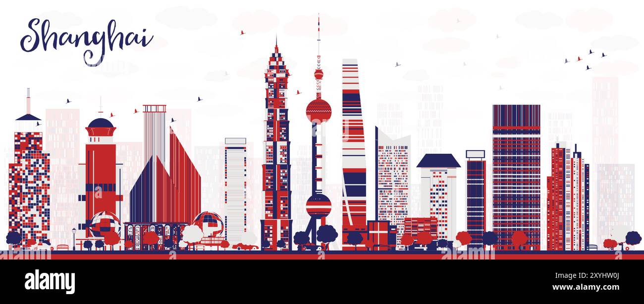 Shanghai China city skyline with color skyscrapers. Vector illustration. Cityscape with ...