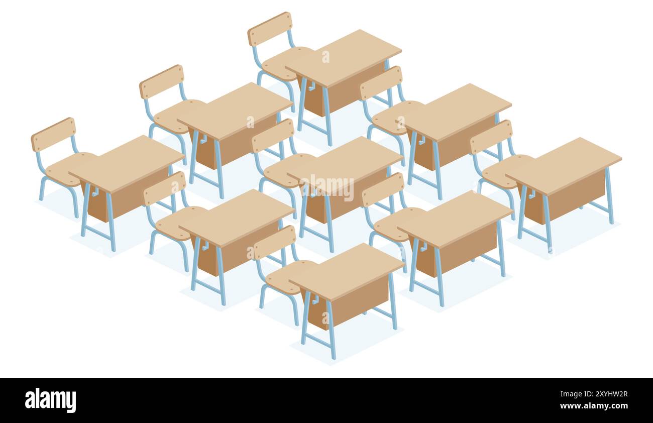 Isometric nine school desk tables and chairs. Vector illustration ...