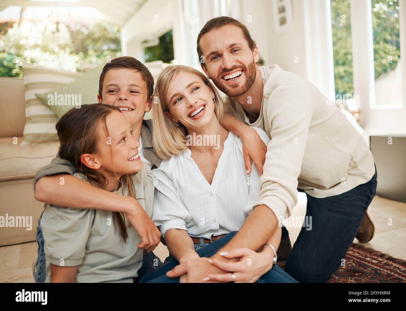 Home, happy kids and family hug with parents for love, care and boy ...