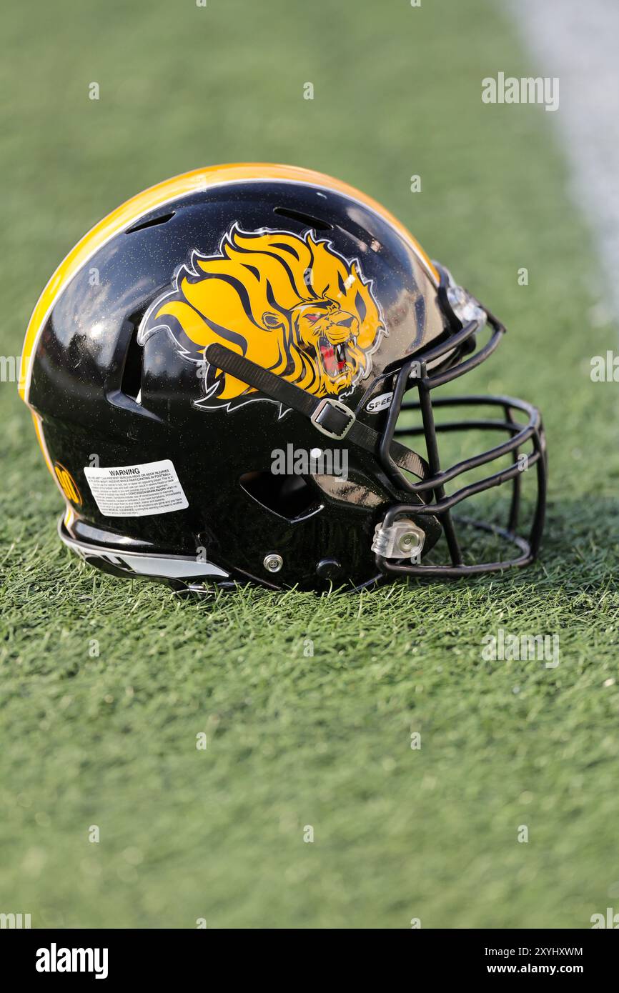 August 29, 2024: A UAPB Golden Lions helmet rest on the turf before the ...