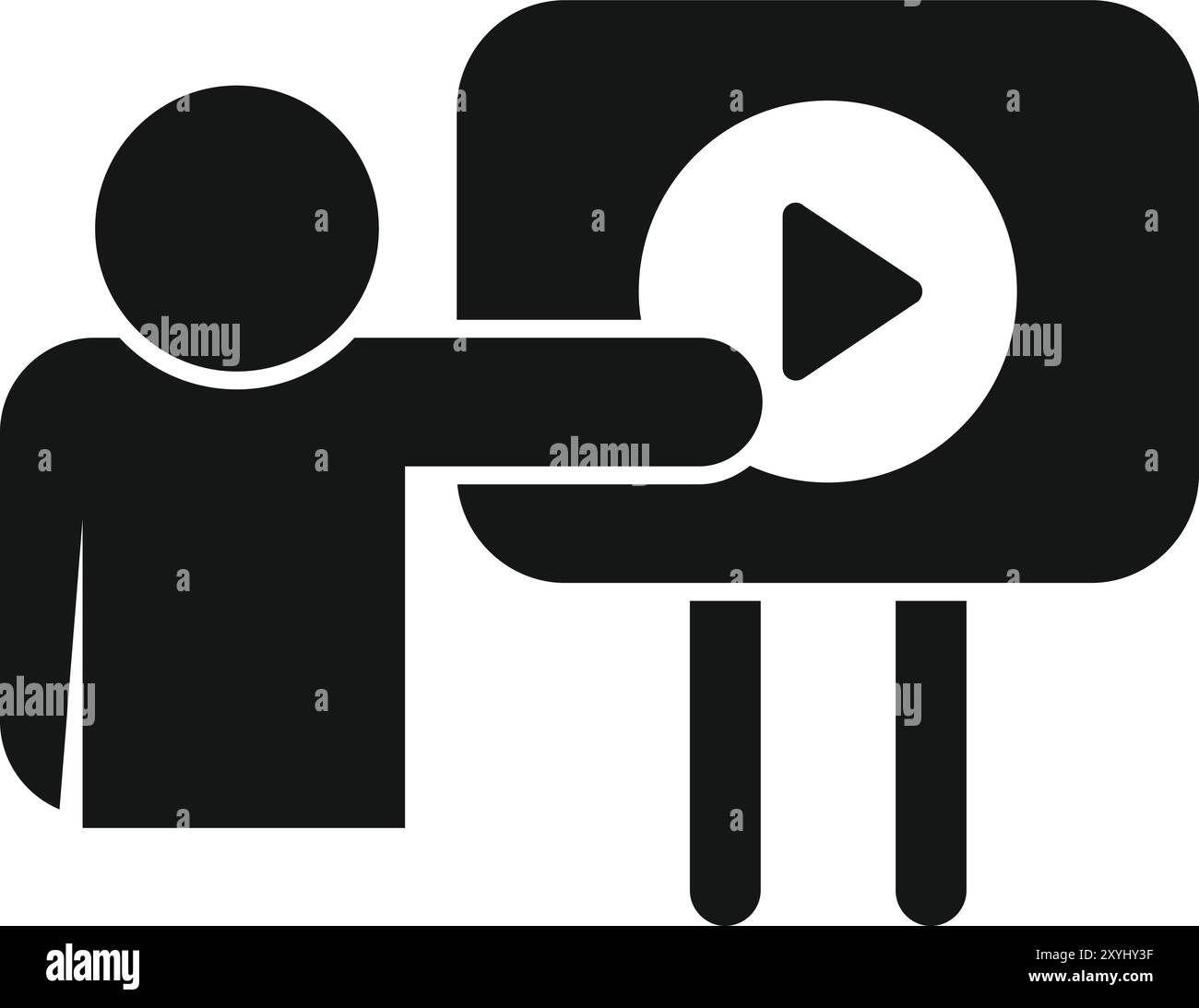 Businessman pointing at play button on board icon in simple style on a ...