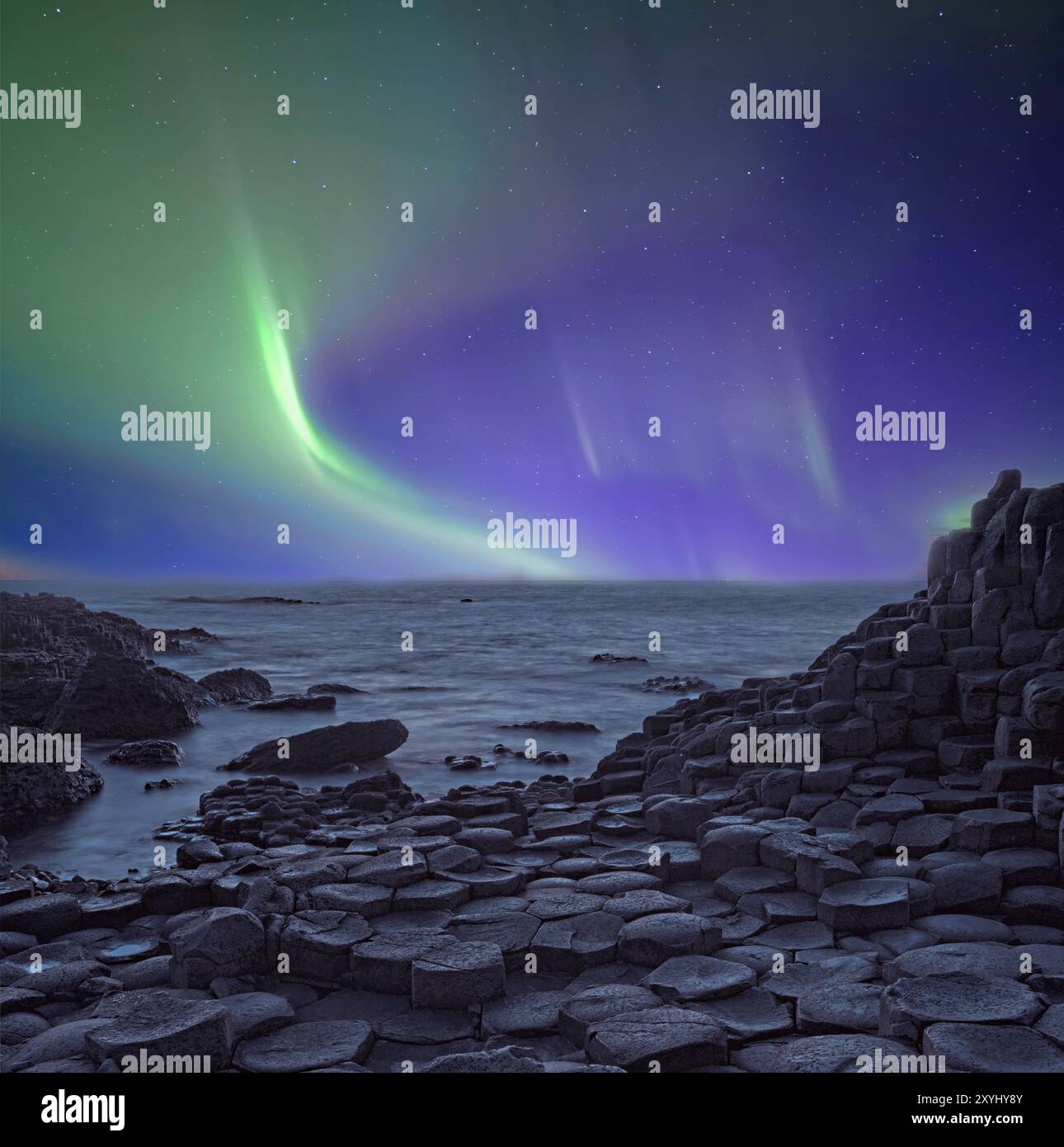 Giant's Causeway basalt columns with aurora borealis Northern Ireland ...