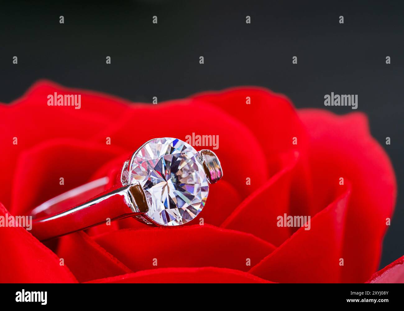 Closeup Diamond gem wedding rings on red roses leaves Stock Photo - Alamy