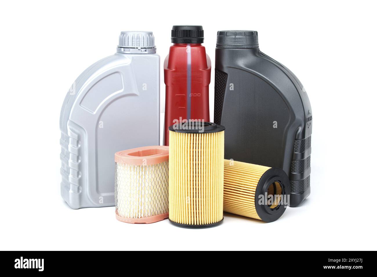Vehicle engine oil filters elements and motor oil cans isolated on a ...