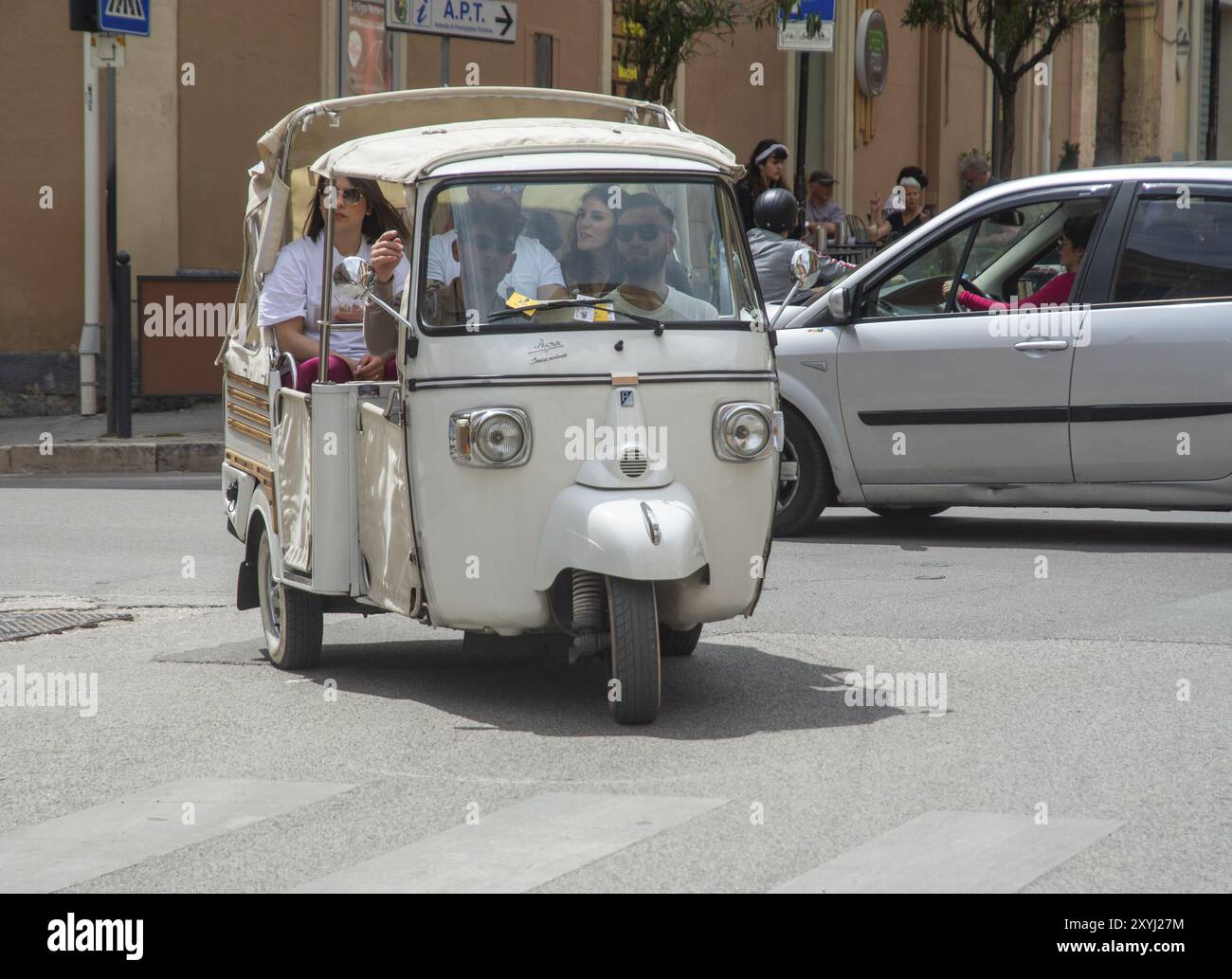 Three-wheeled scooter Ape by Piaggio in a street in Matera, Basilicata ...