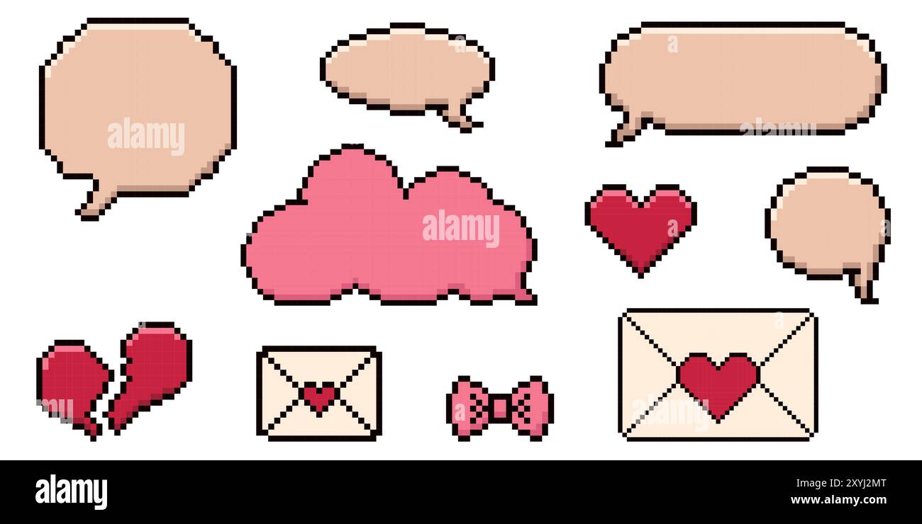 Set of pixel art dialogue box, heart, star, cloud. Speech bubbles in ...