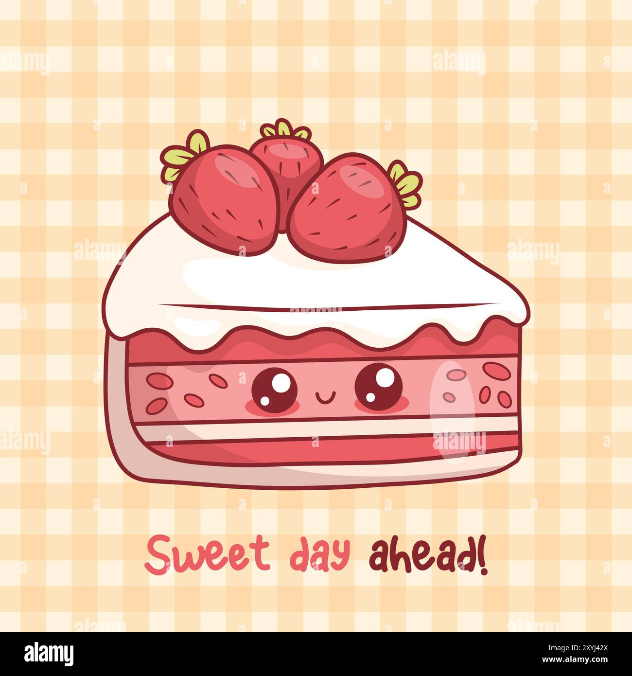 Cute piece of birthday cake. Dessert baked with icing and strawberries ...