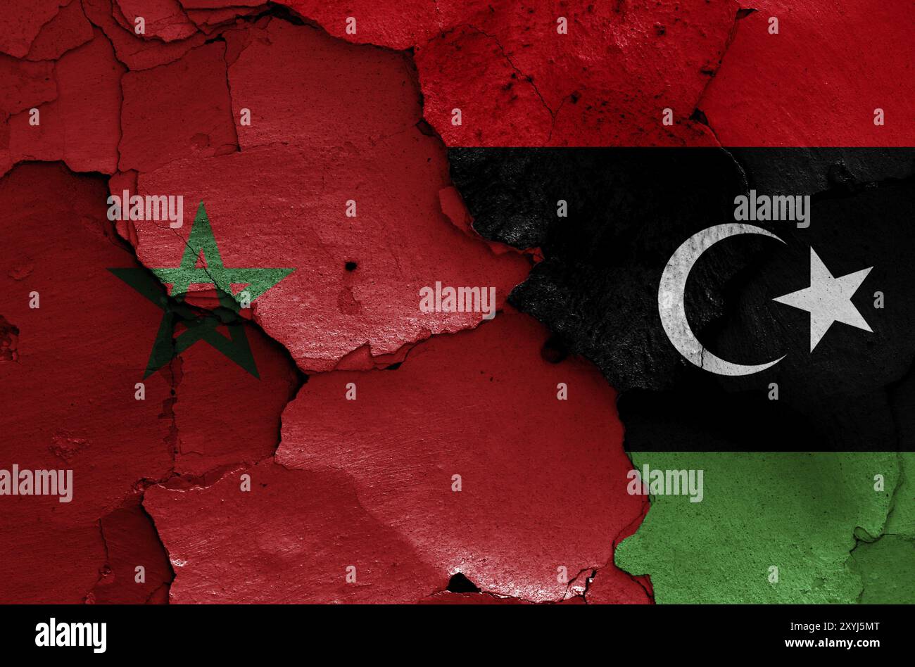 Flags of Morocco and Libya painted on cracked wall Stock Photo - Alamy