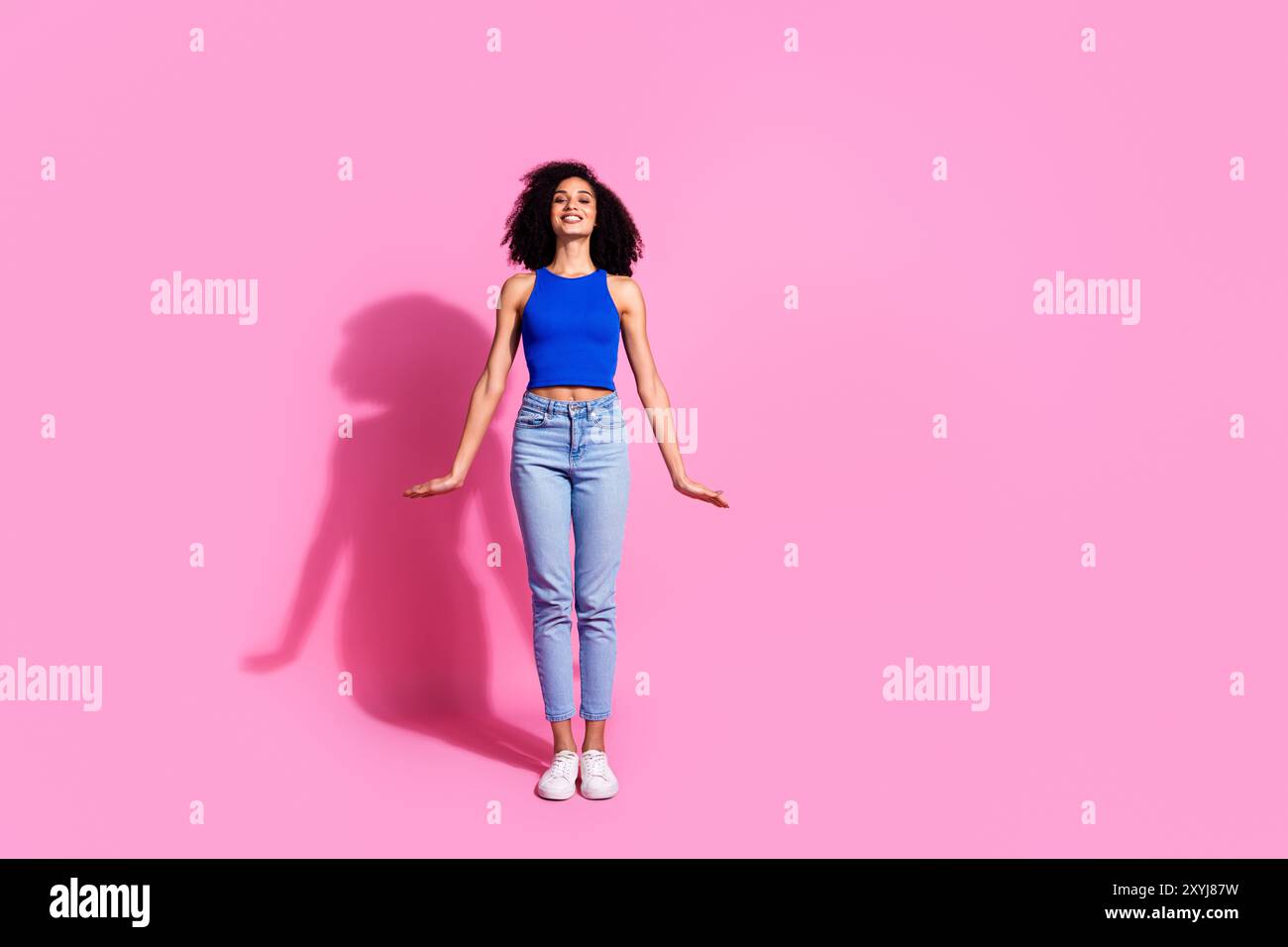 Photo of smiling girl standing feel good mood wear casual clothes ...