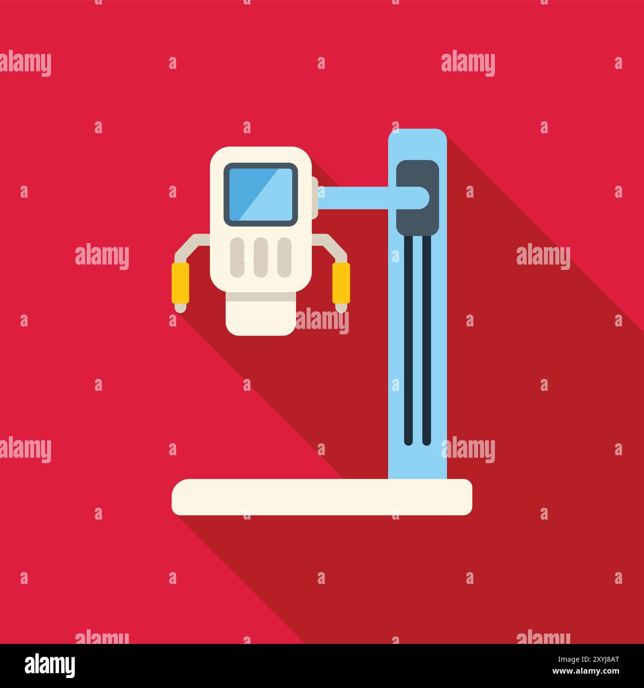 Modern medical linear equipment standing on the floor and making x ray ...