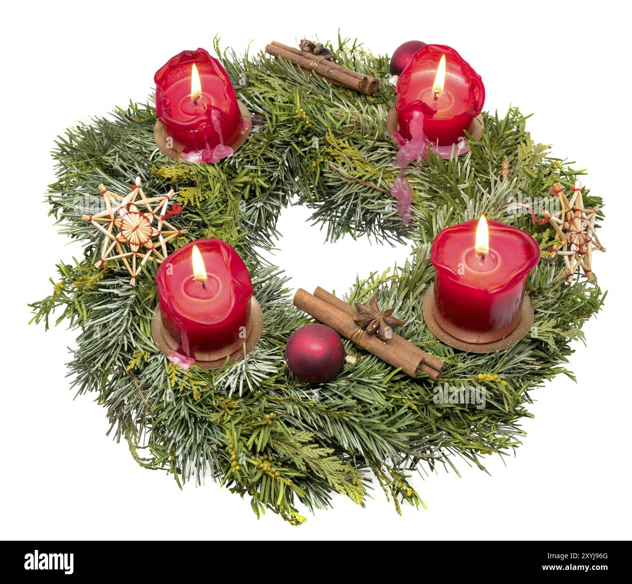 View from above of an ornate Advent wreath made of fir branches with ...