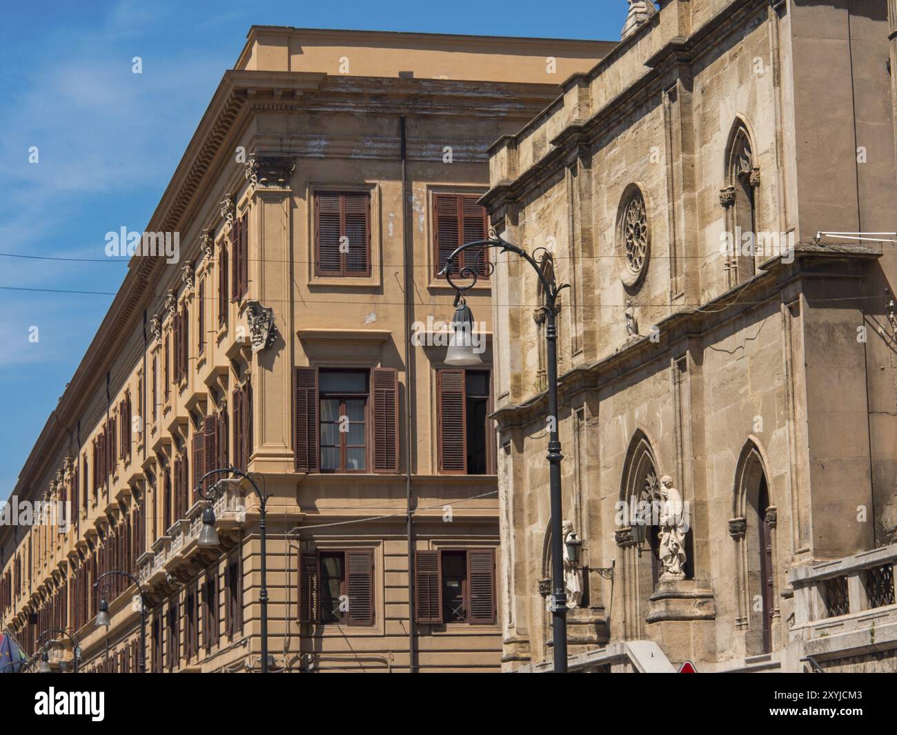 Architectural view of historic buildings with beige facades and a ...