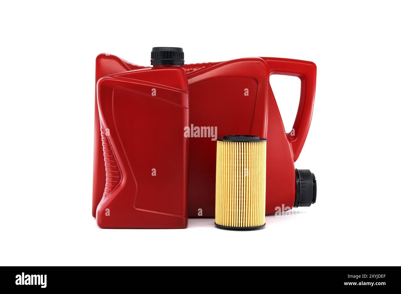 Red canister of motor oil and a filter isolated on white background ...