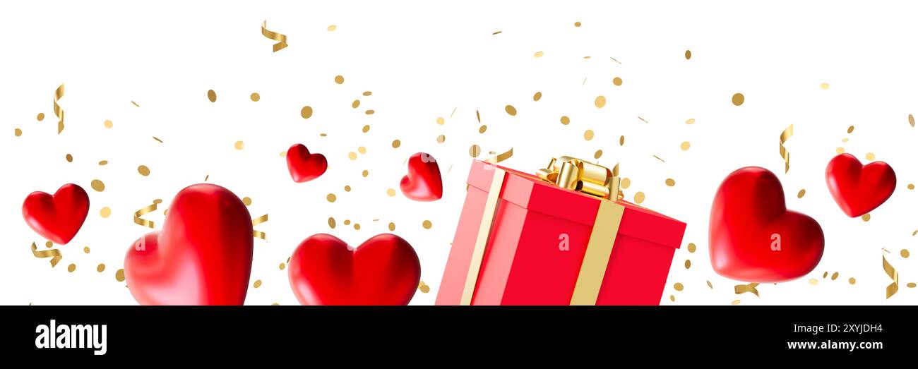 Elegant Valentines Day footer with red hearts, golden confetti and gift ...